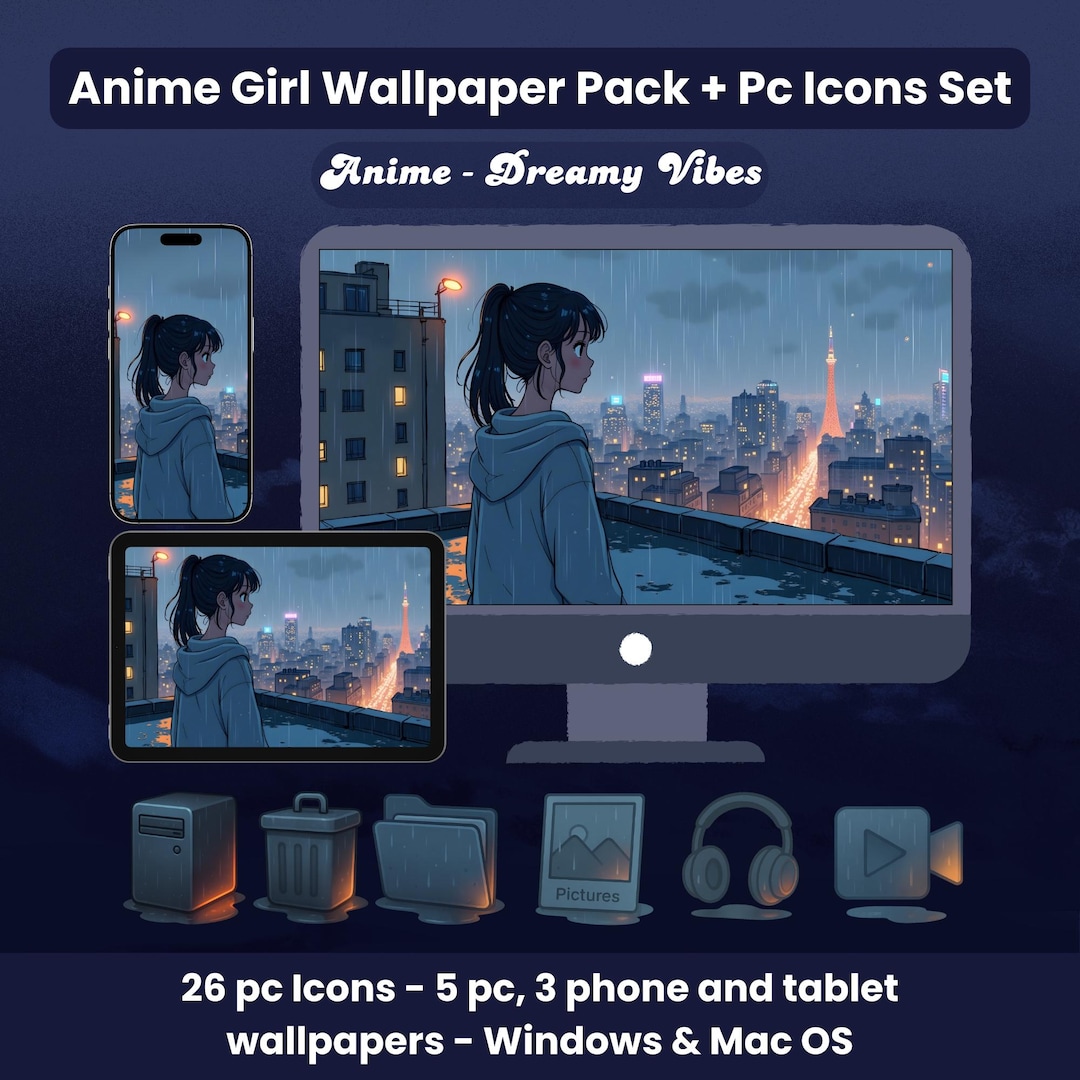Anime Girl Wallpaper Pack + 26 Icon Set | Dreamy Anime Desktop Theme ...