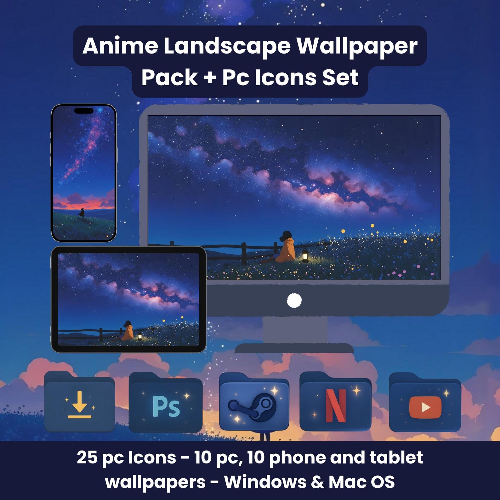 Anime Landscape Desktop Wallpaper Set & Icon Pack | Dekstop Aesthetic ...