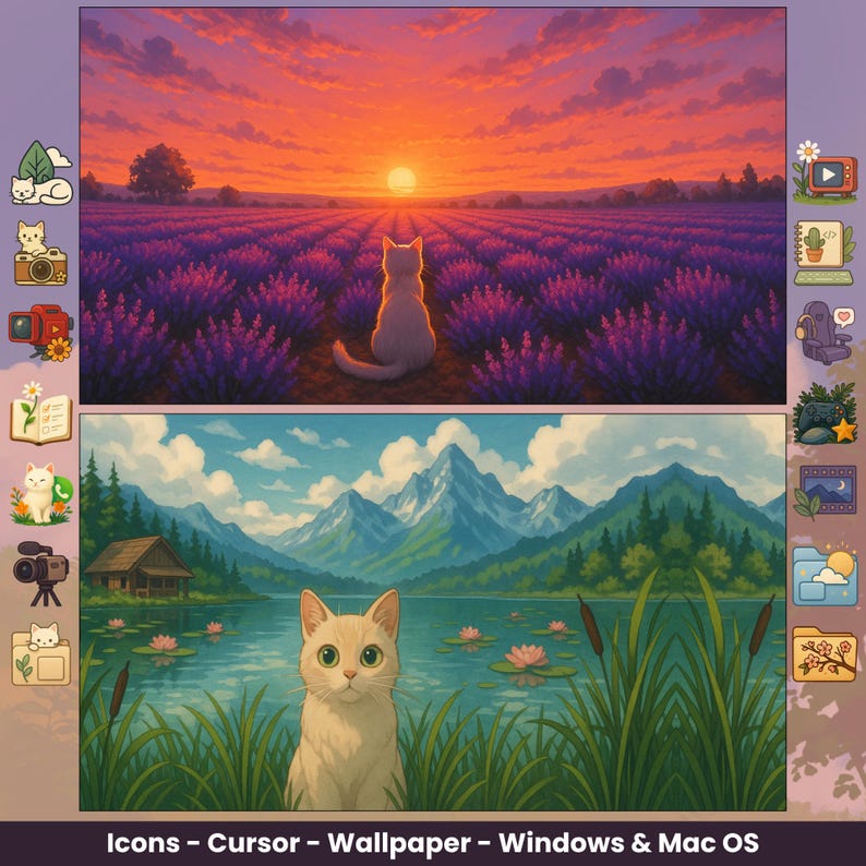 Landscape Desktop Theme and Mouse Cursor Cat Desktop Wallpaper Bundle ...