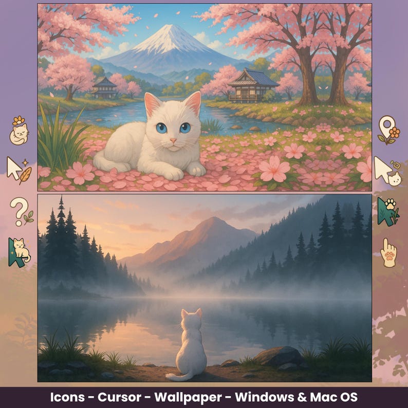 Landscape Desktop Theme and Mouse Cursor Cat Desktop Wallpaper Bundle ...
