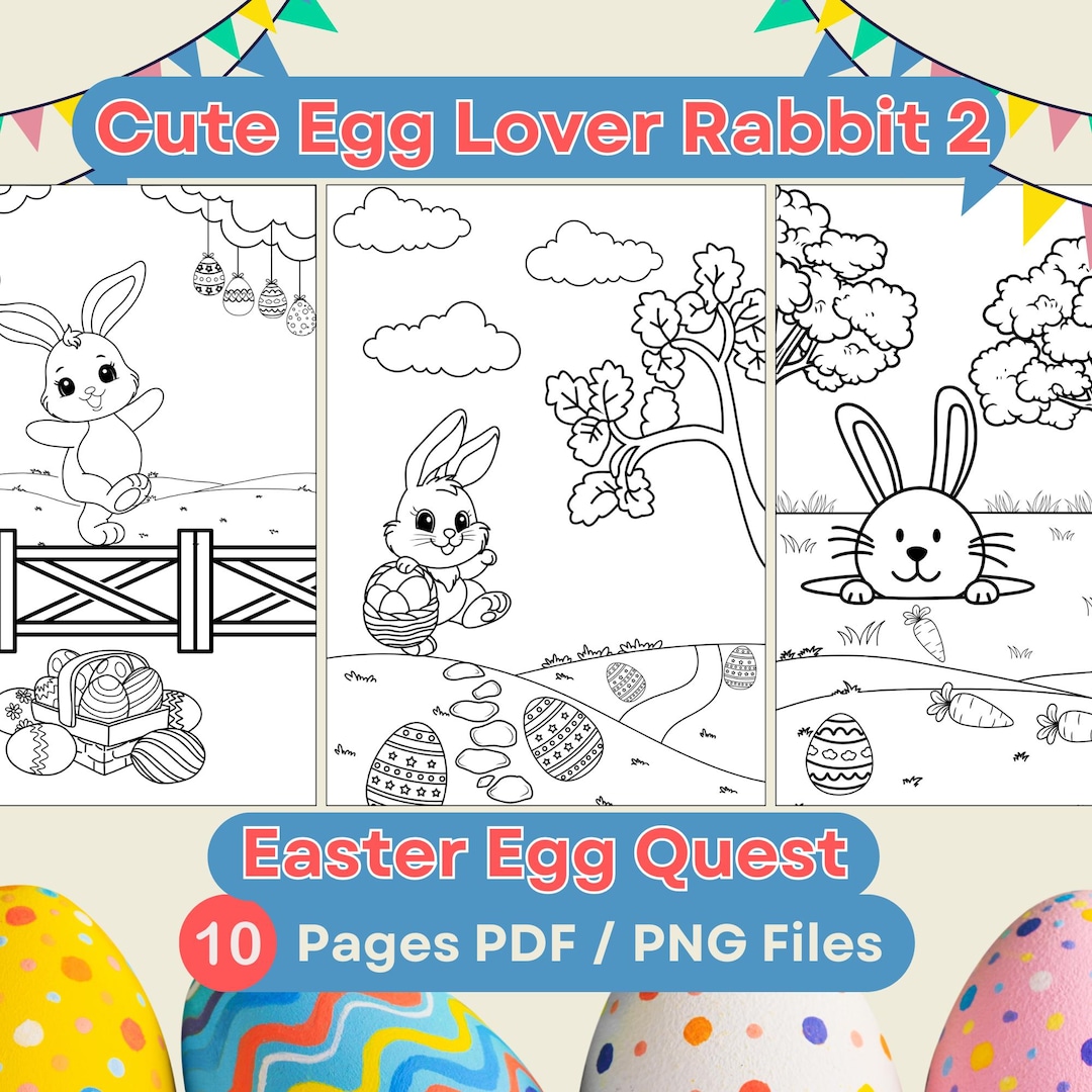 Easter Bunny Coloring Pages – Egg Hunt Adventure Set 2 | 10 Cute Rabbit ...