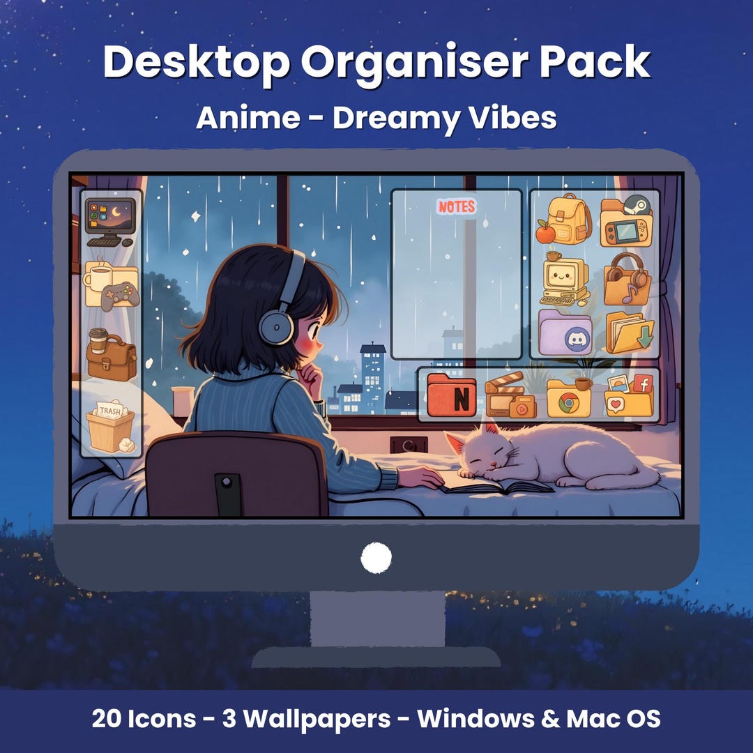 Cozy Anime Desktop Organizer Icon Pack – 20 Kawaii Icons + 3 Aesthetic ...
