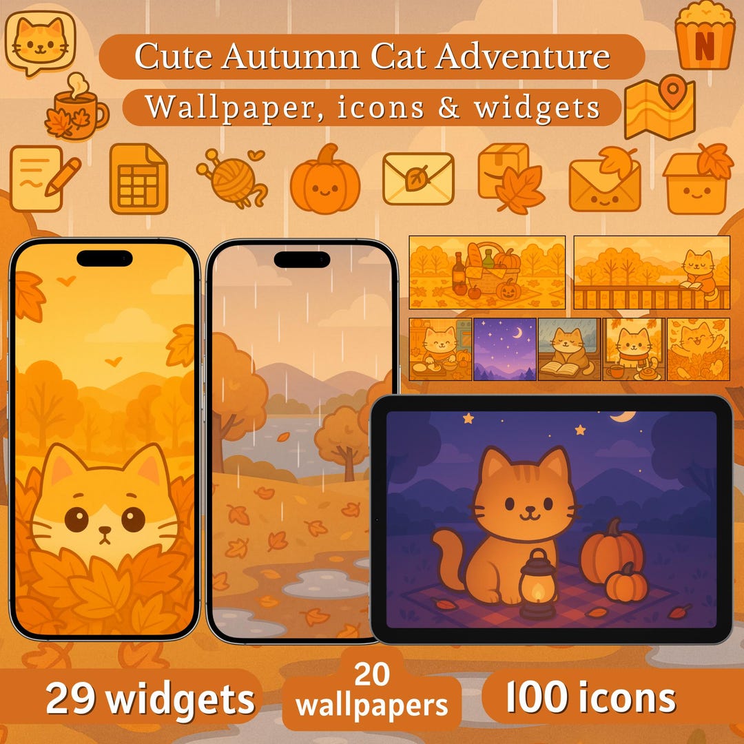 Cute Autumn Cat App Icons and Ios Theme iPad & iPhone Wallpaper, Kawaii ...