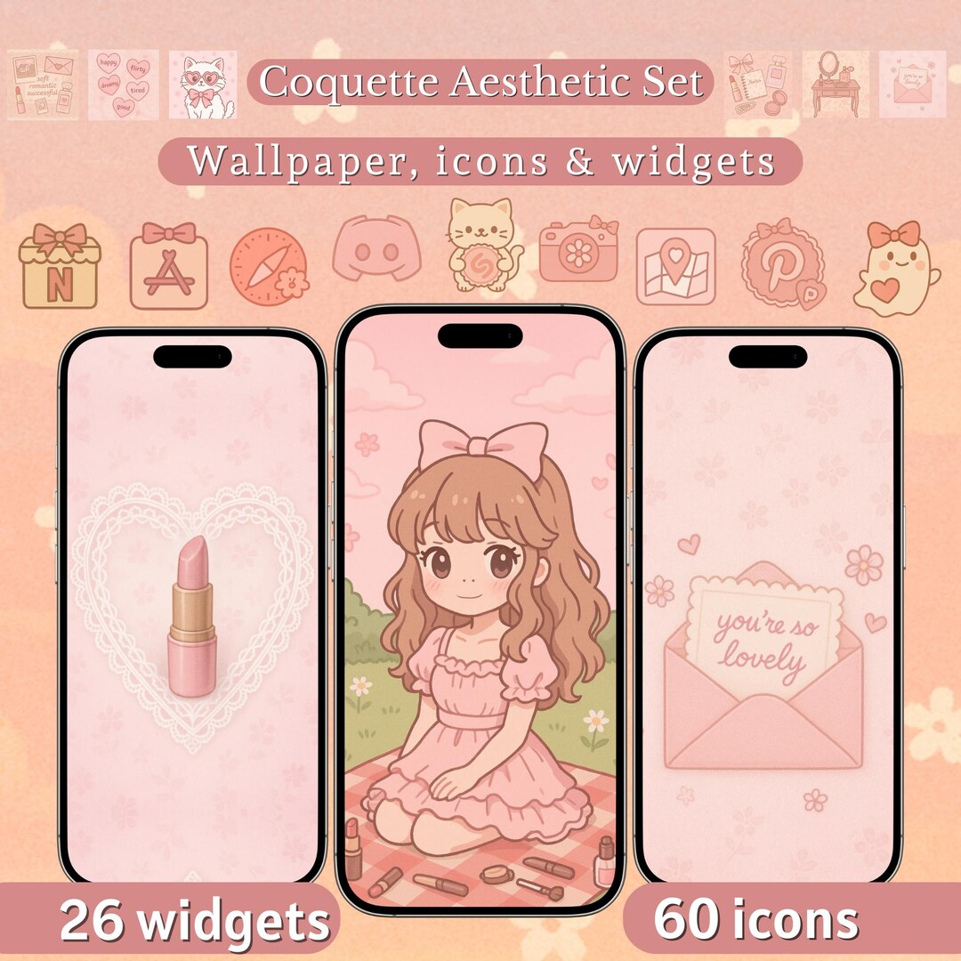 Coquette Aesthetic Phone Wallpaper Set and Icons Pack & Widgets | Pink ...