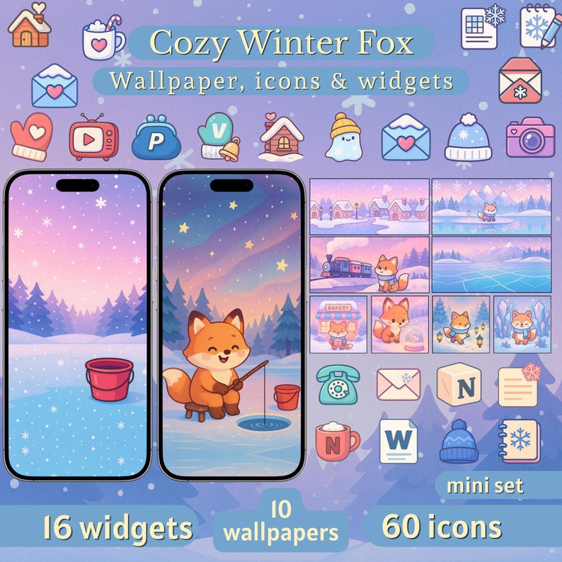 Cozy Winter Fox iPhone Wallpaper Set and Kawaii Icons Pack Ios ...