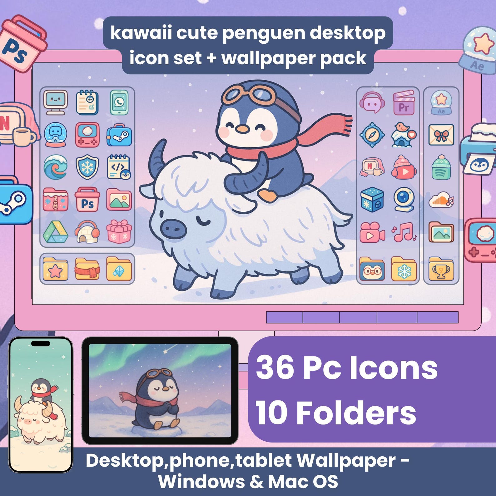 Penguin Desktop Organizer and Kawaii Icons Folders Icons and Desktop ...