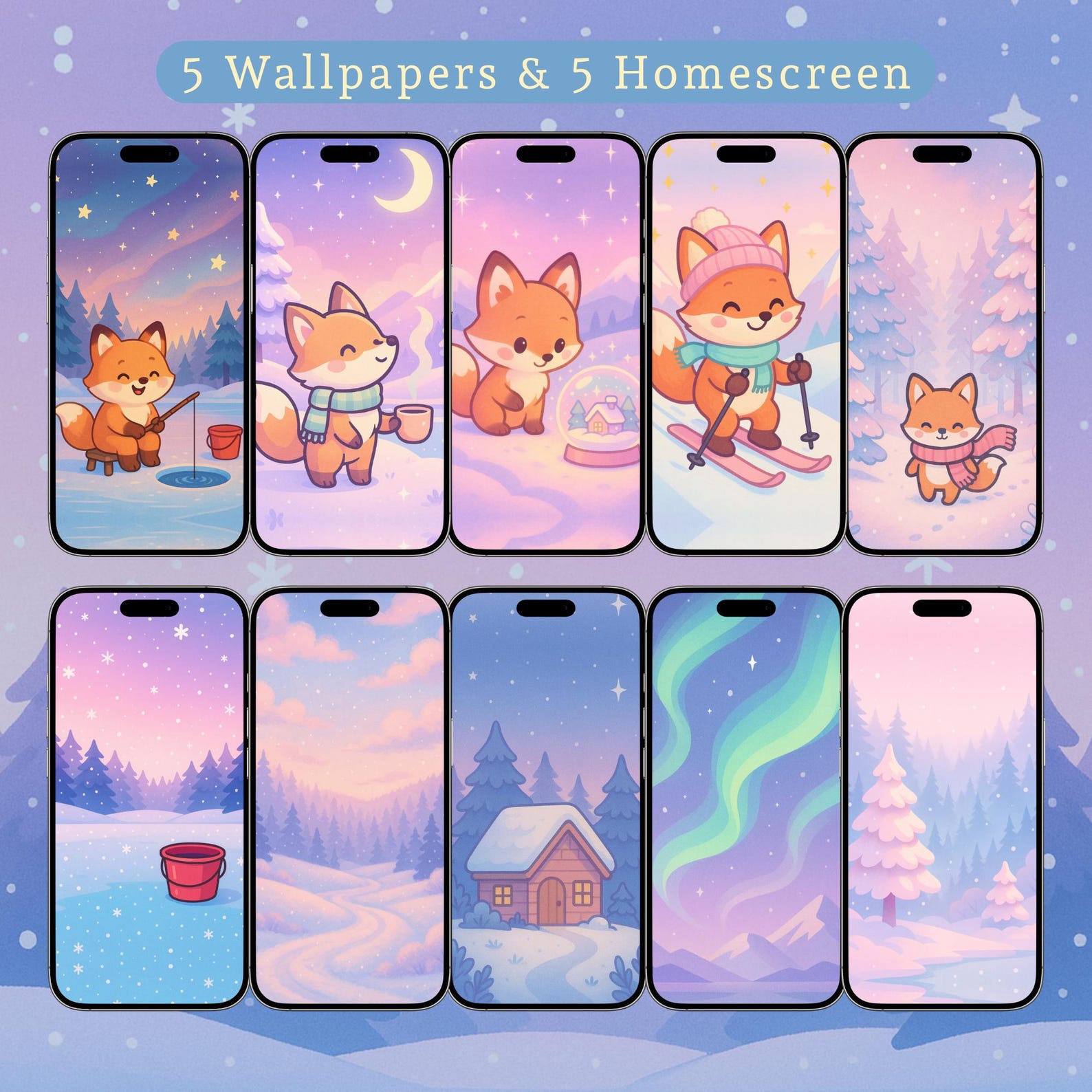 Cozy Winter Fox iPhone Wallpaper Set and Kawaii Icons Pack Ios ...