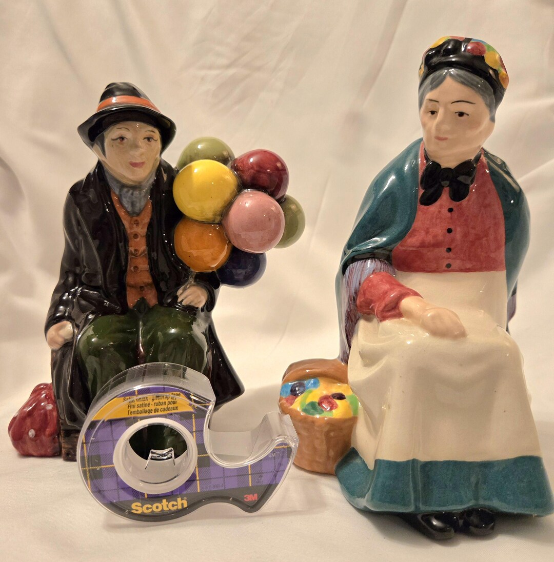 Vintage Ceramic Figurine Set - Man With Balloons & Lady With Basket ...