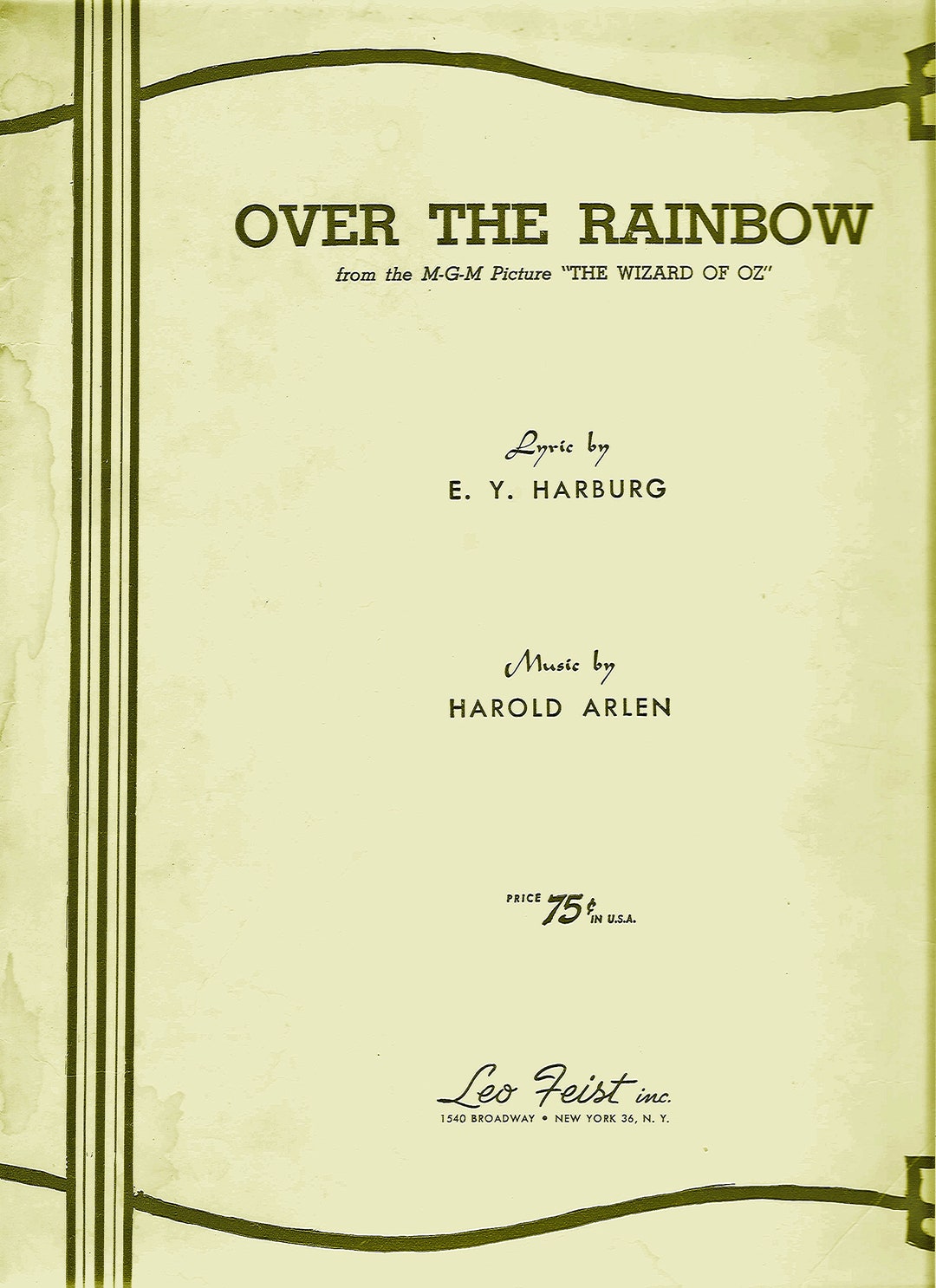 OVER the RAINBOW 1939 Song From the M-G-M Picture the Wizard of Oz Made ...