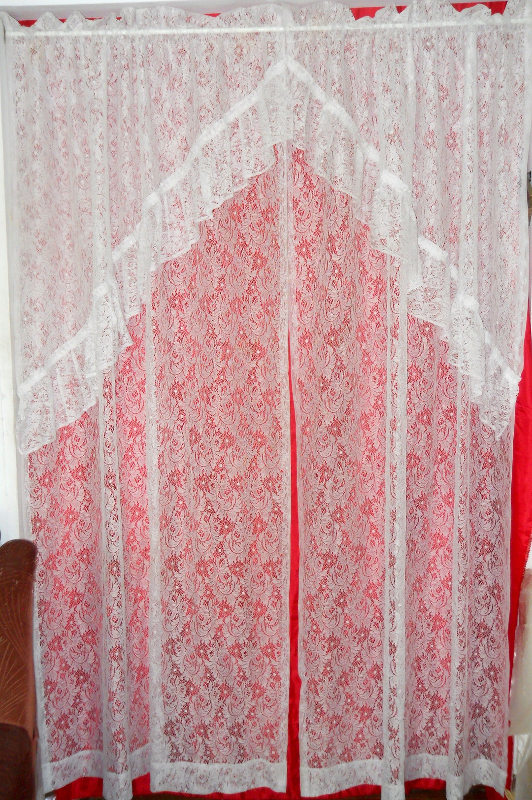 Pair of Lace Curtain Panels With Cascade Valance Attached, Vintage ...