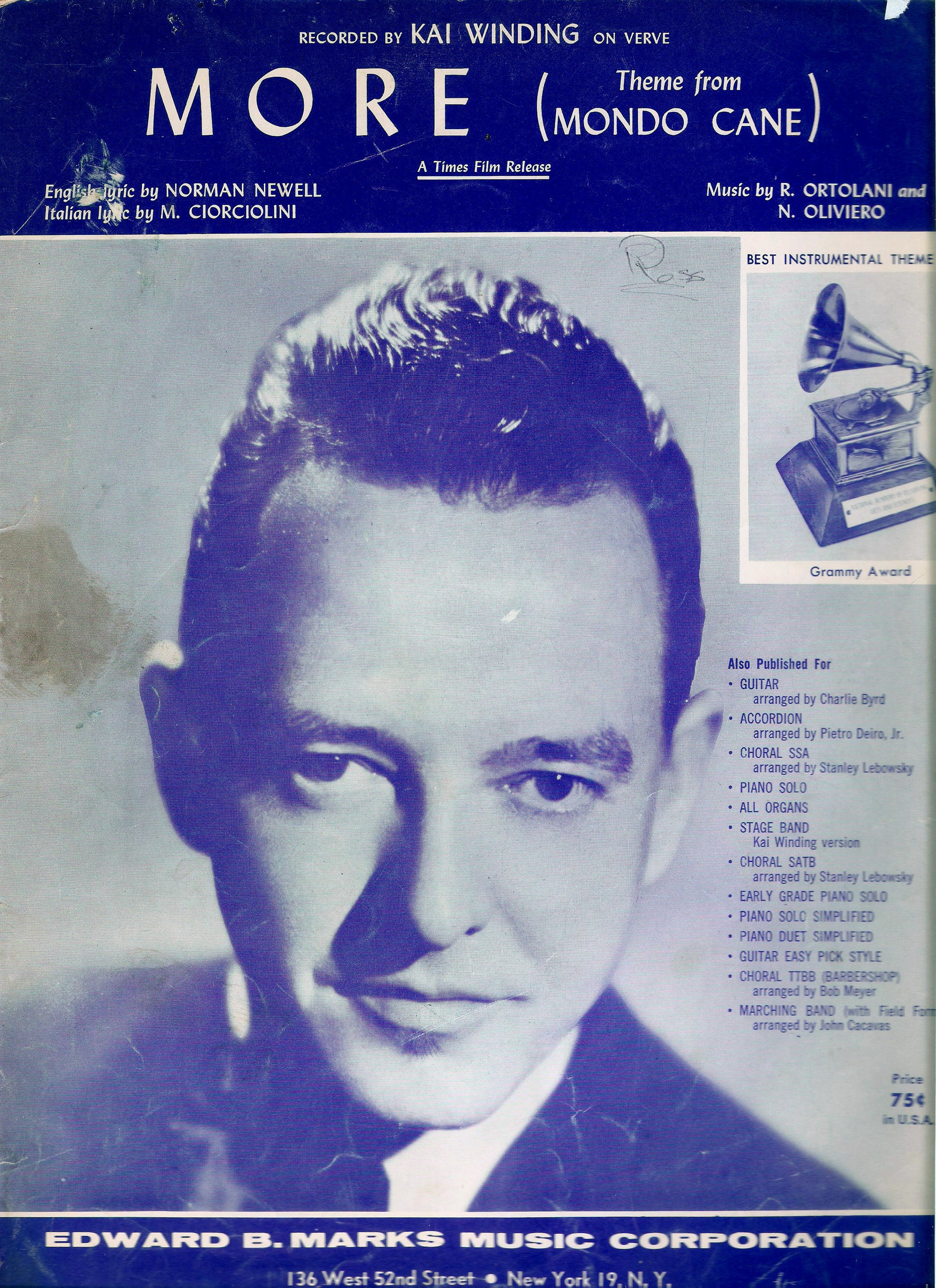 Digital Music Sheet "more" Theme From Mondo Cane by Kai Winding on ...