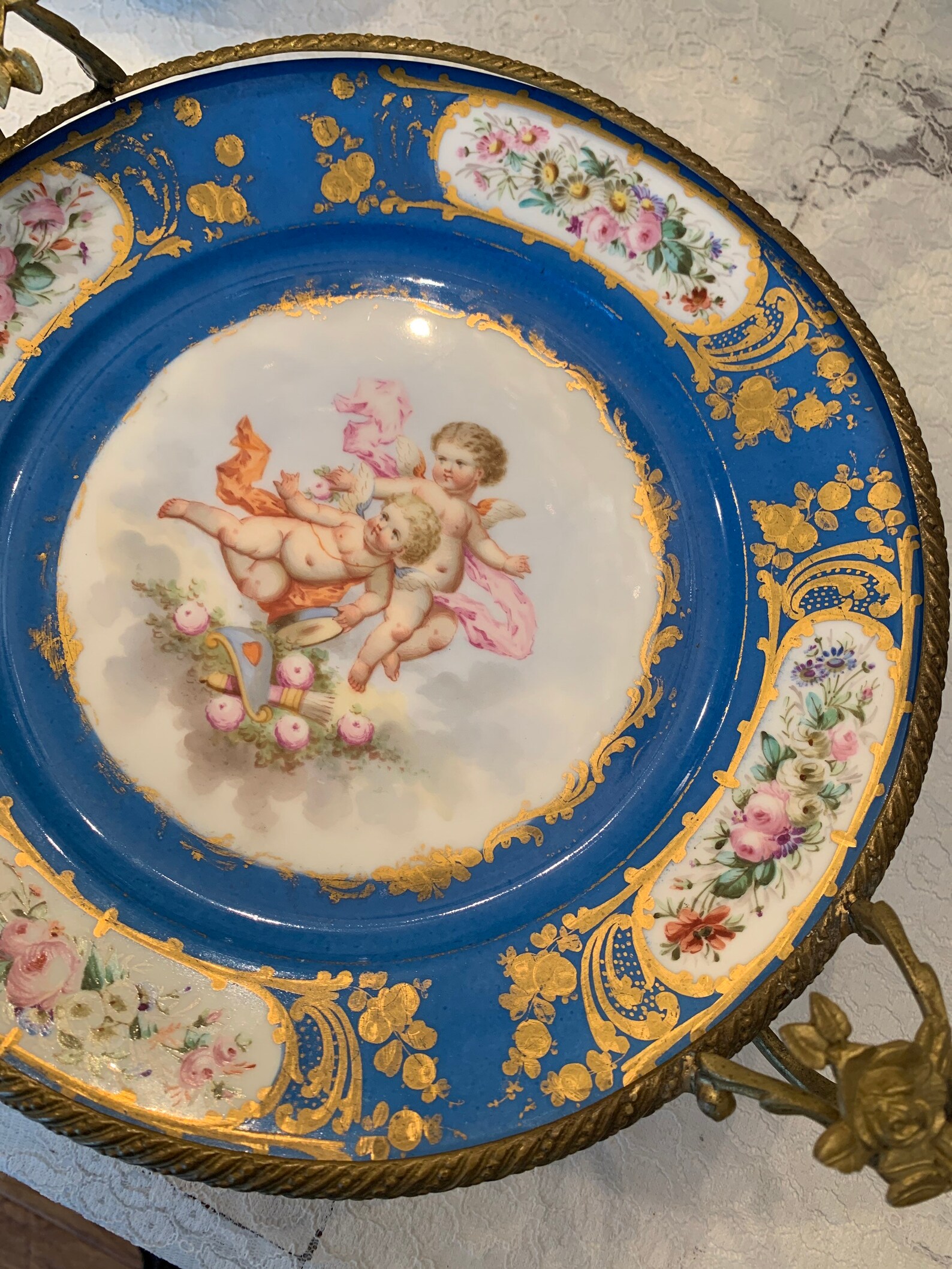 Antique Sevres Hand Painted Plate Gilt Bronze Stand Centerpiece Compote ...