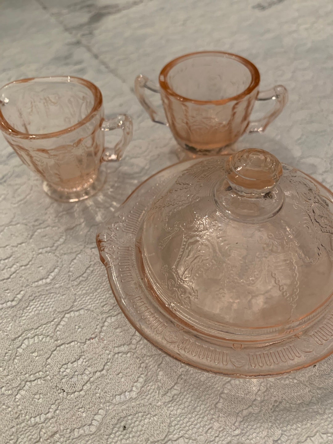Miniature Pink Depression Glass Creamer and Sugar Butter Dish - Etsy