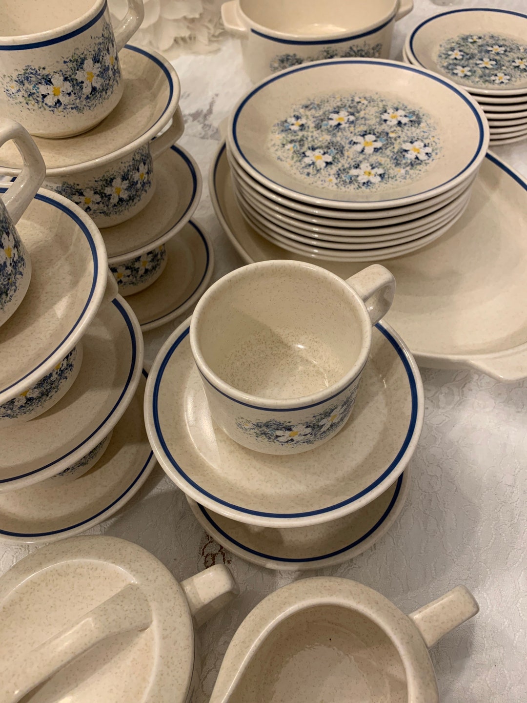 Temper Ware by Lenox Dew Drops Blue Stripe White Daisy Flowers MCM ...
