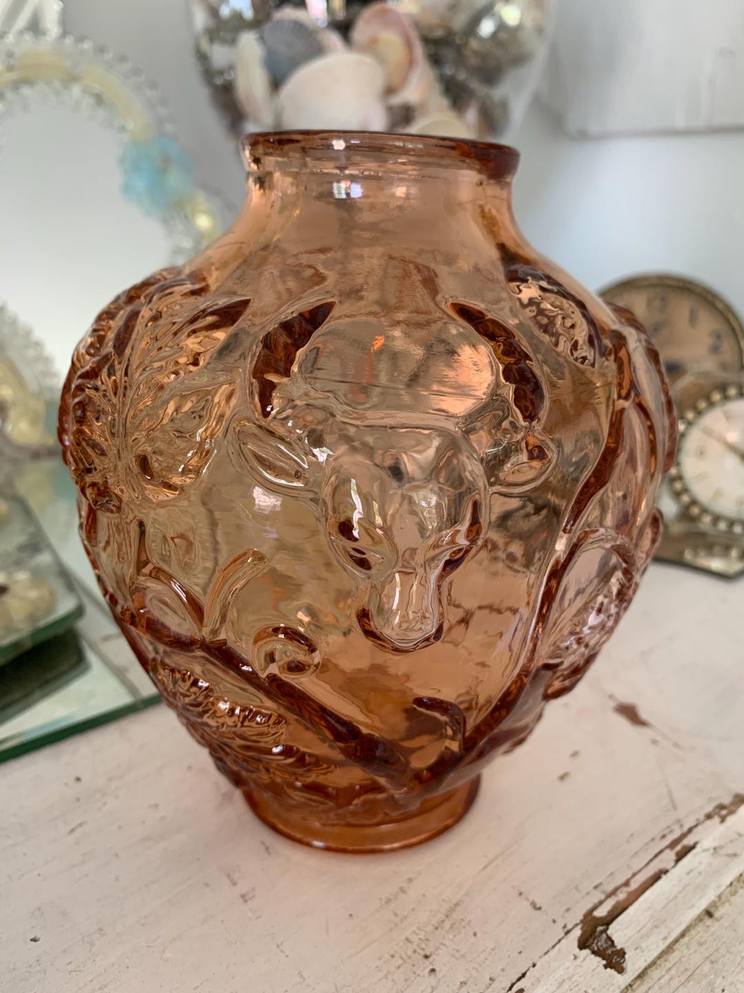 Vintage Pink Glass Vase Embossed Bull With Leaves - Etsy