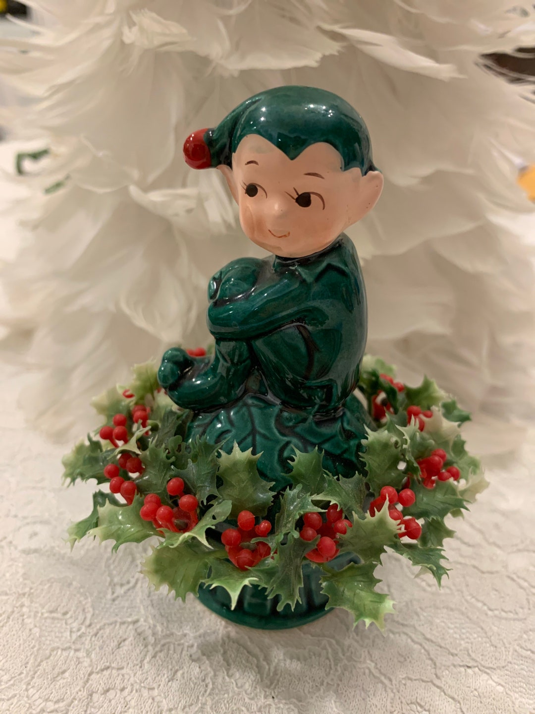 Vintage Pixie Elf Sitting in Holly Berries Inarco Japan - Etsy