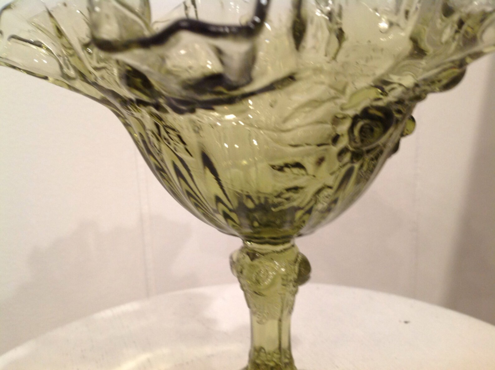Fenton Rose Ruffled Olive Green Compote Green Glass Compote | Etsy