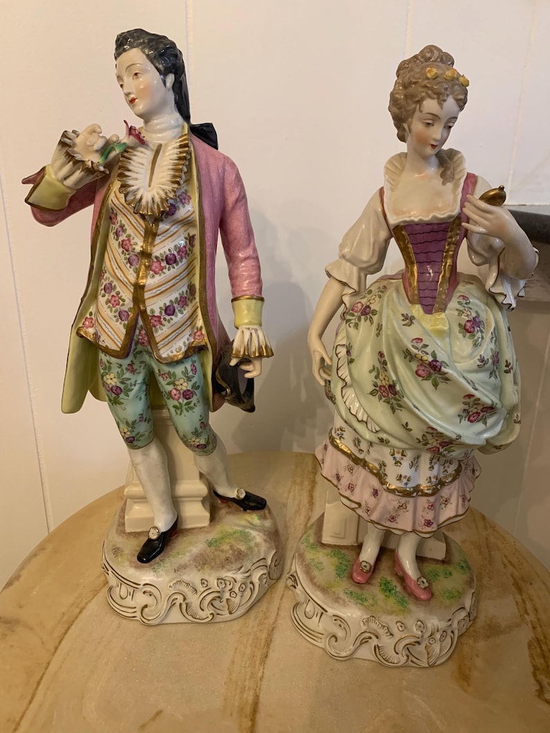 Large Meissen Style Porcelain Figurines: Hand Painted Victorian Couple ...