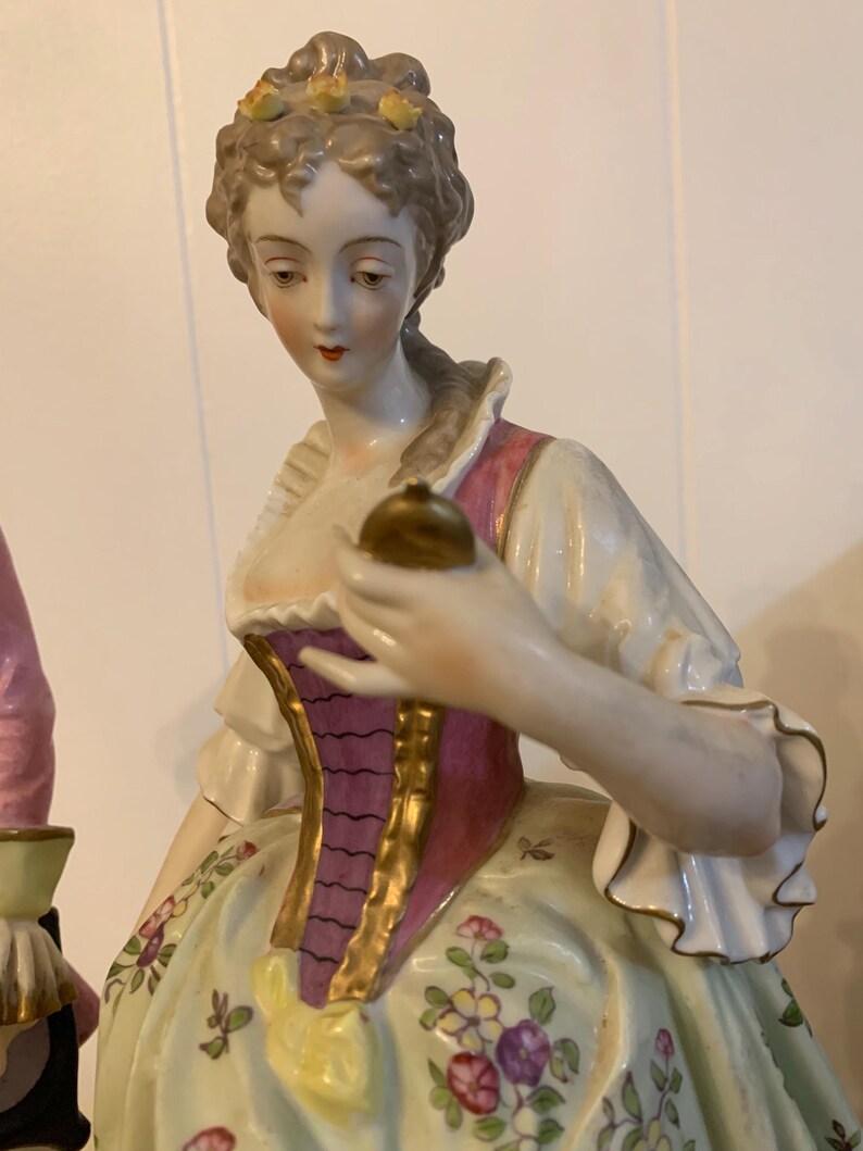 Large Meissen Style Porcelain Figurines: Hand Painted Victorian Couple ...