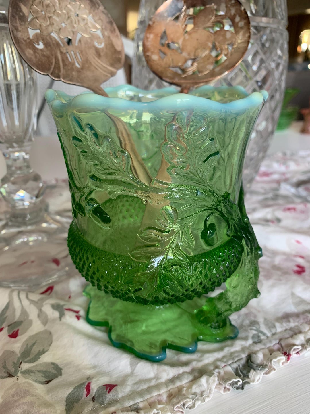 Green Glass Acorn Spooner Moser Opalescent Rim Leaf Base Collectible ...