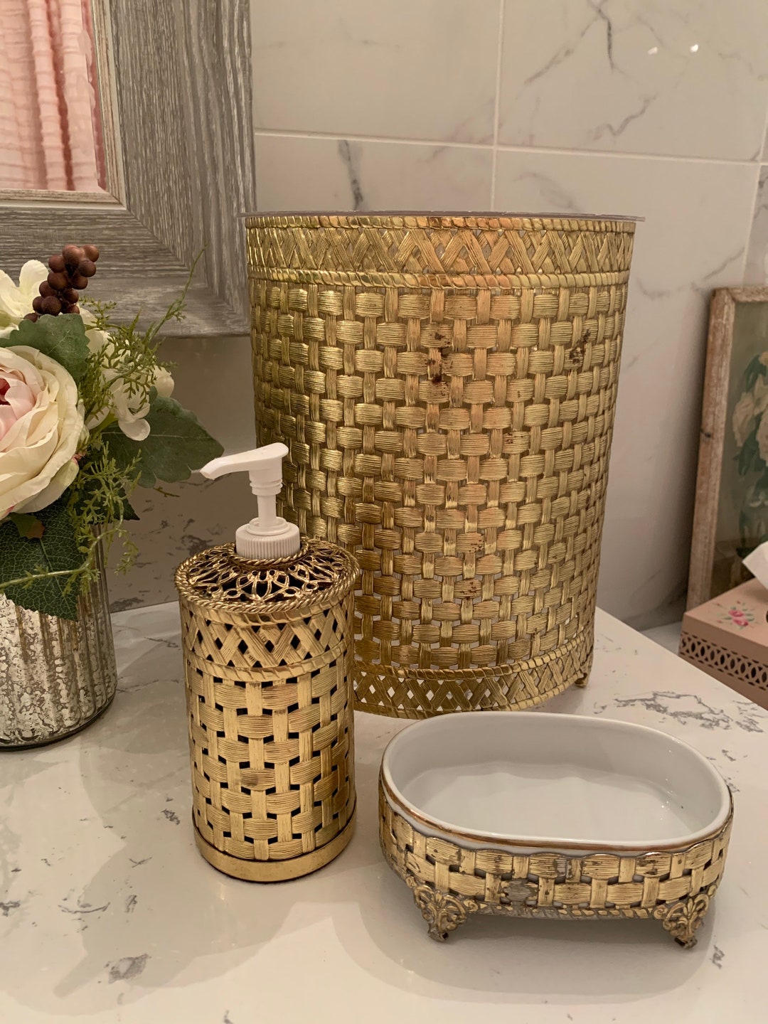Vintage Stylebuilt Gold Basket Weave Bathroom Accessories Three Piece ...