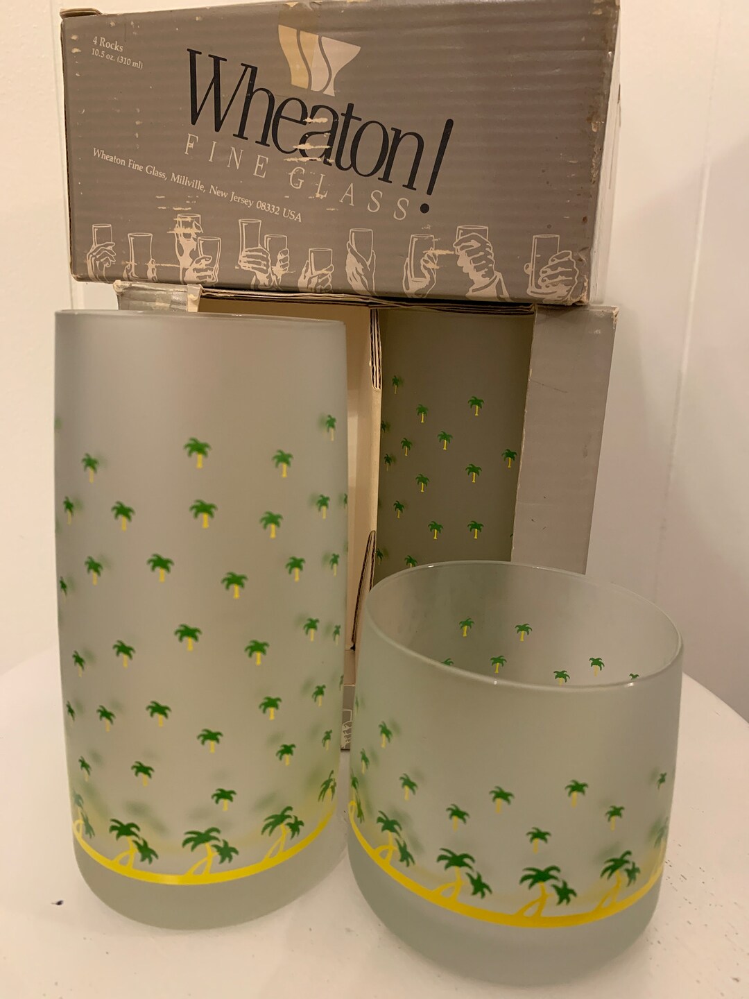 Vintage Set of Four Wheaton Fine Glass Frosted Glasses Palm Trees - Etsy