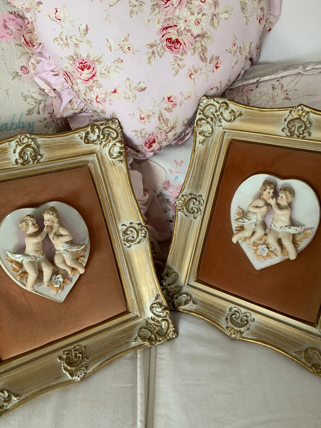 Beautiful Pair of 3 D Cherub Plaques on Velvet Ornate Frames - Etsy