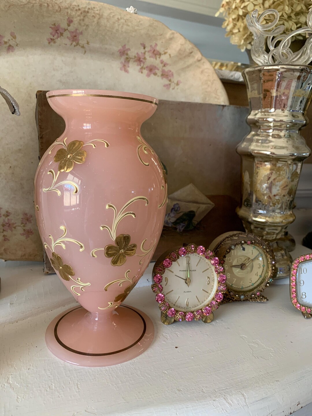 Antique Hand Painting Pink Opaque Flower Vase - Etsy
