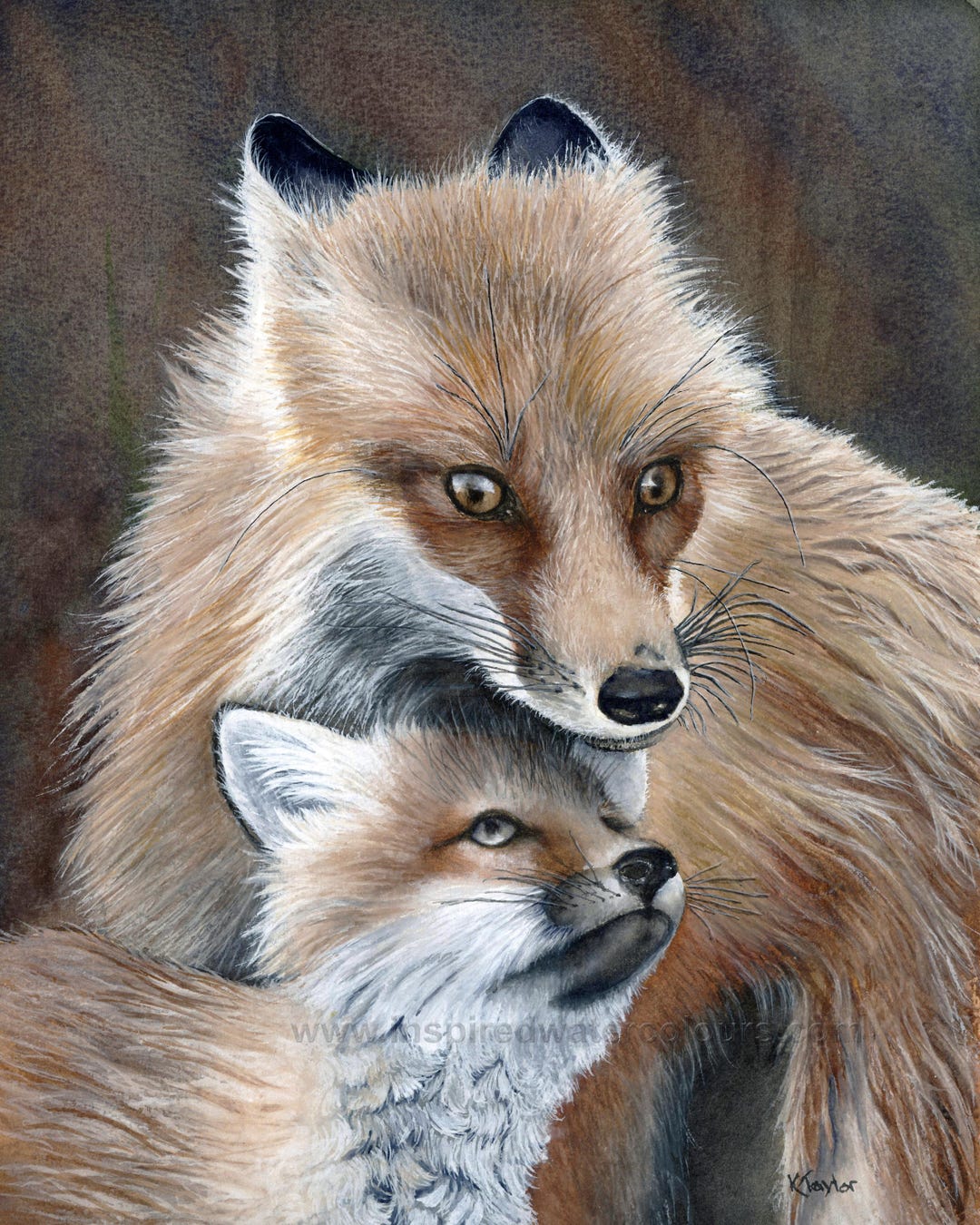 Red Fox Mother and Baby Watercolor Art, Fox Painting Woodland, Fox ...
