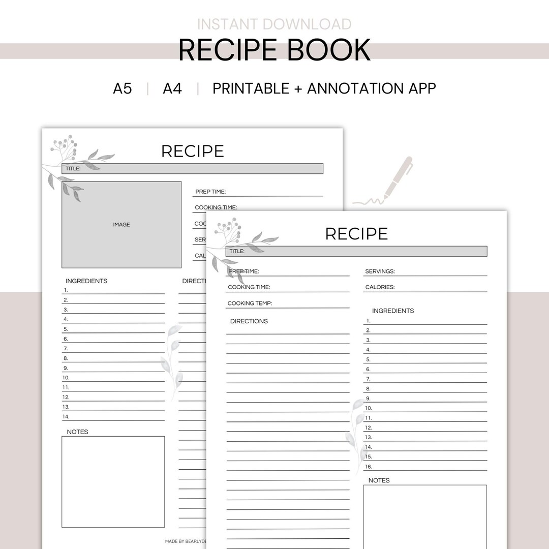 Printable Recipe Book Template, Blank Recipe Pages, Cookbook Journal ...