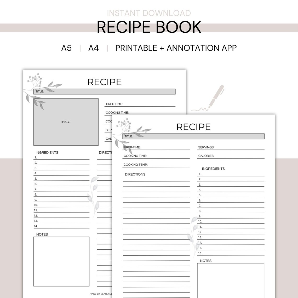 Printable Recipe Book Template, Blank Recipe Pages, Cookbook Journal ...