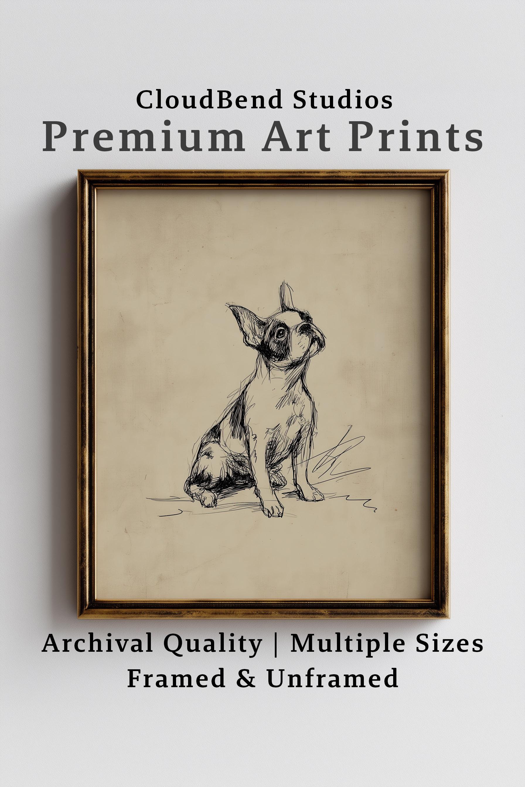Boston Terrier Art Print: Black Ink Sketch on Cream Paper, Framed or ...