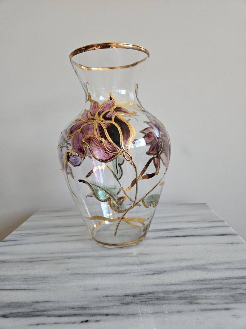 Vintage Clear Glass Painted Gold Outlined Purple Lilly and Rim Hand ...