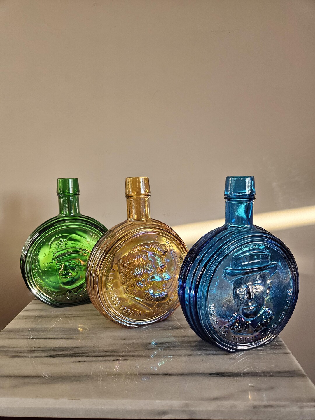 Set of Three Presidential Glass Bottles - Orange, Green, Blue, Woodrow ...