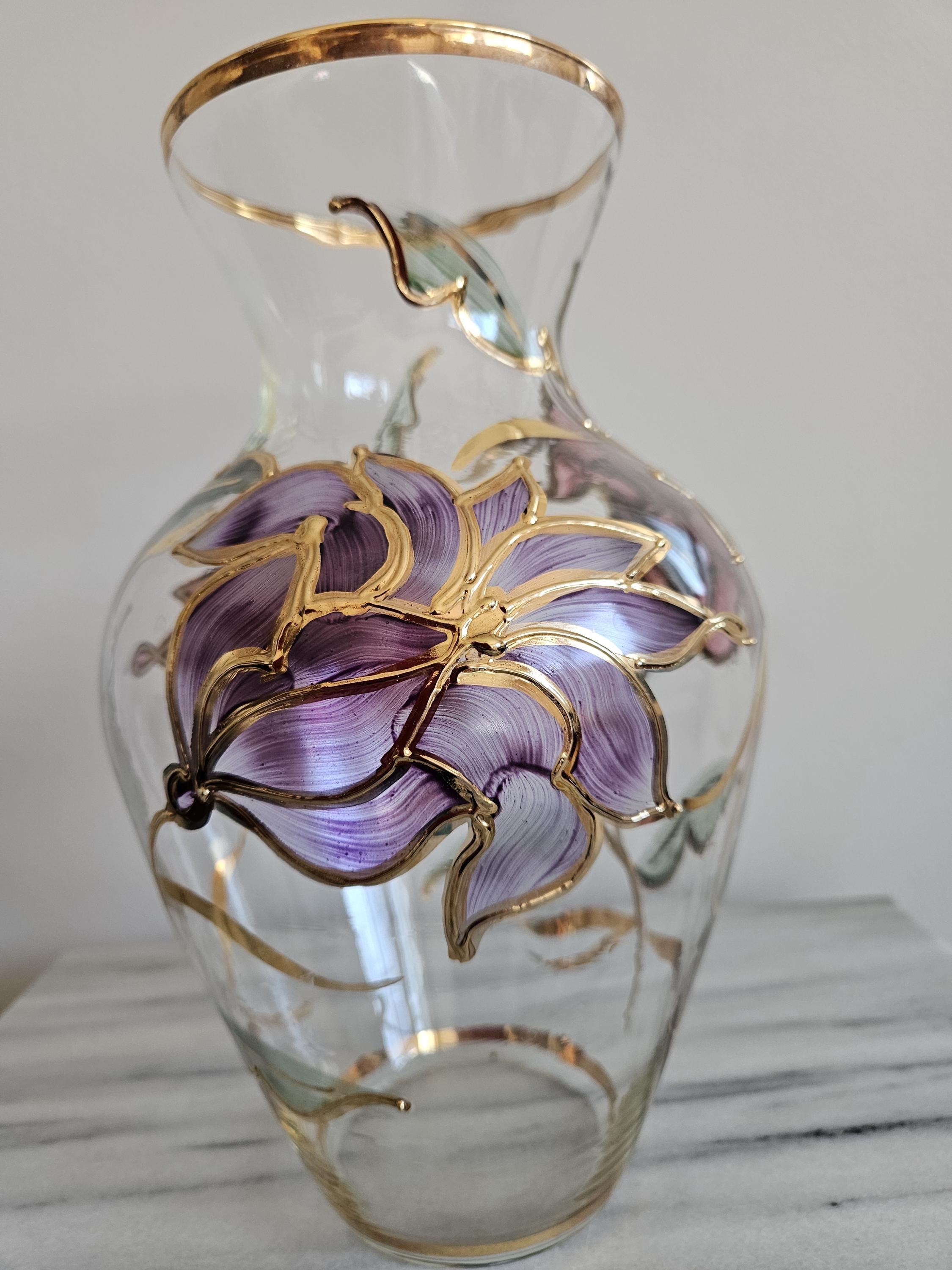 Vintage Clear Glass Painted Gold Outlined Purple Lilly and Rim Hand ...