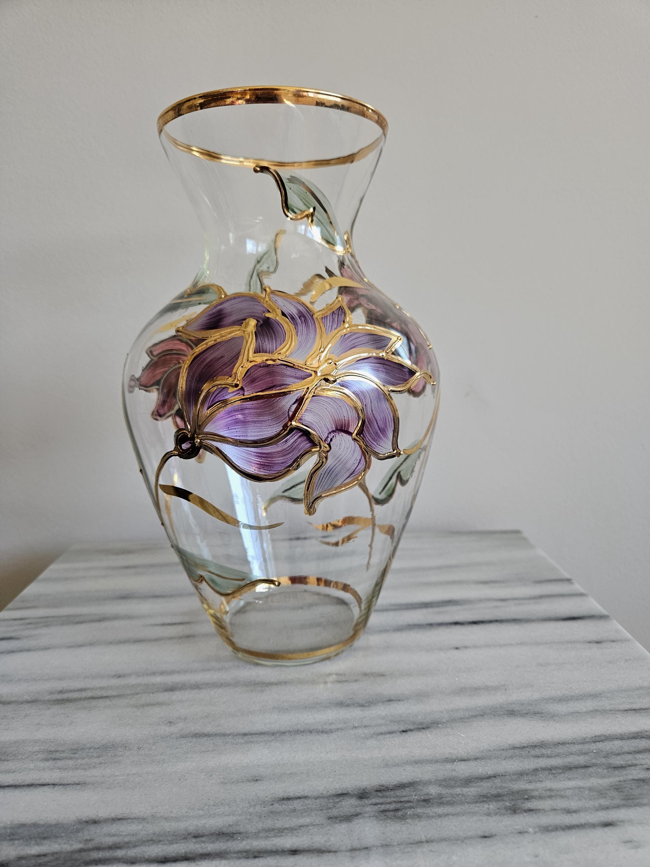 Vintage Clear Glass Painted Gold Outlined Purple Lilly and Rim Hand ...