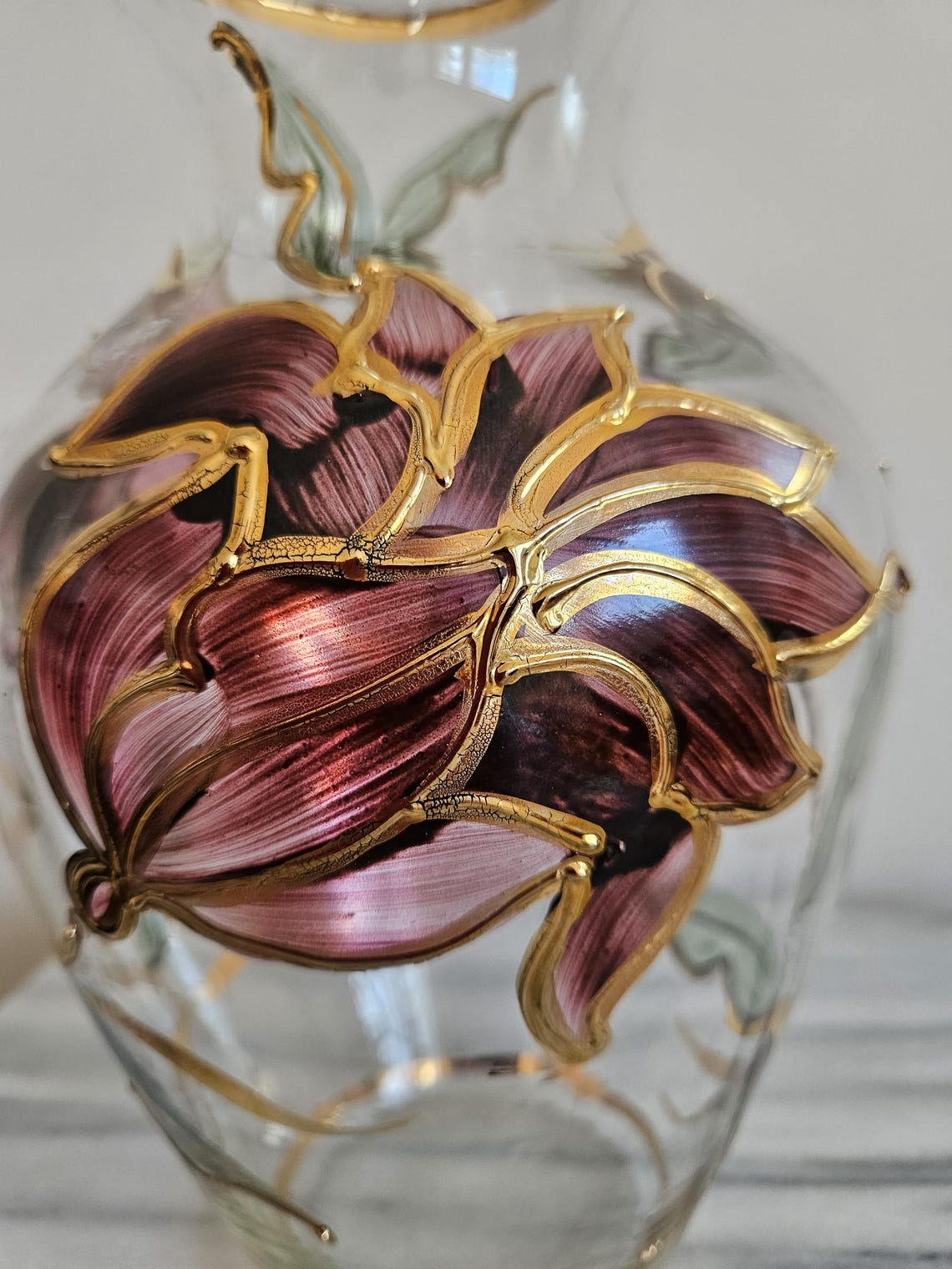 Vintage Clear Glass Painted Gold Outlined Purple Lilly and Rim Hand ...