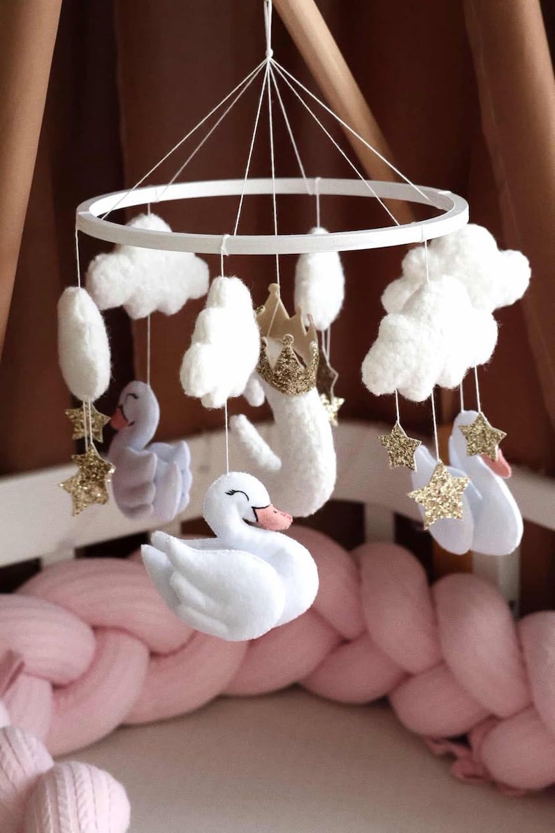 Swan Baby Mobile, Felt Nursery Decor, Moon and Stars - Etsy