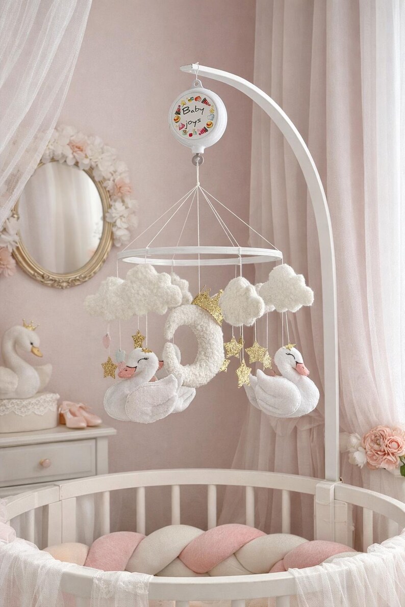 Swan Baby Mobile, Felt Nursery Decor, Moon and Stars - Etsy