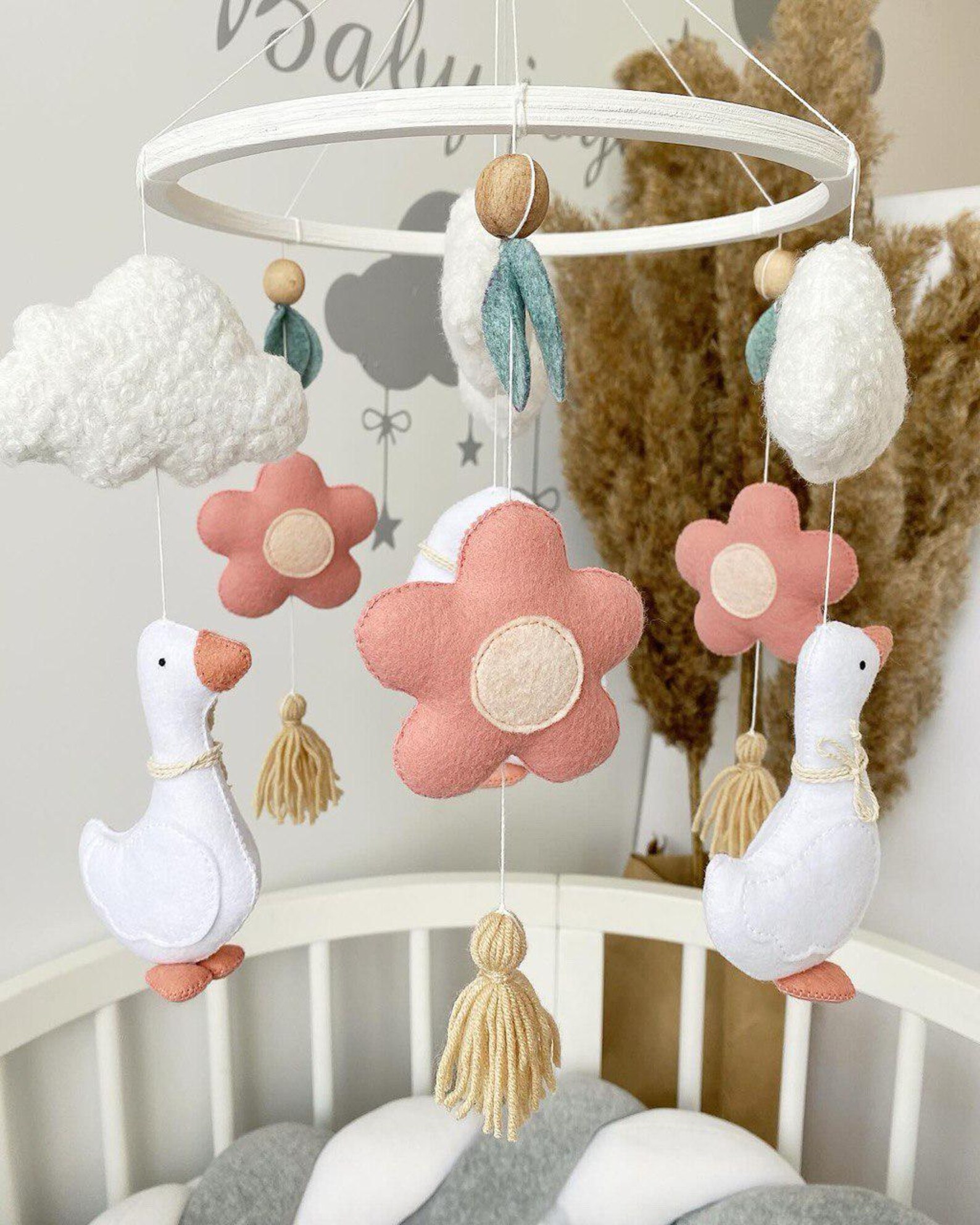 Goose Baby Mobile: Felt Geese, Flowers Crib Mobile - Etsy