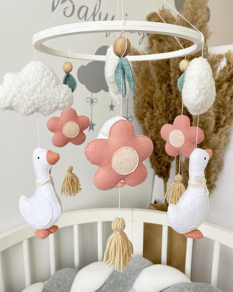 Goose Baby Mobile: Felt Geese, Flowers Crib Mobile - Etsy