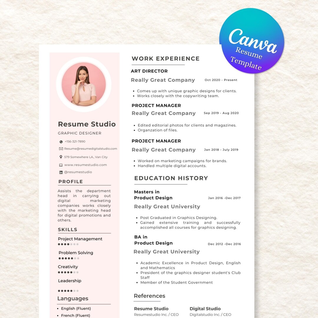 Resume Template With Photo, Professional Resume Template for Canva ...