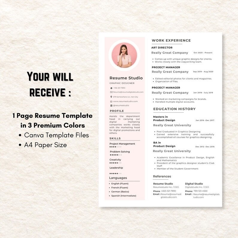 Resume Template With Photo, Professional Resume Template for Canva ...