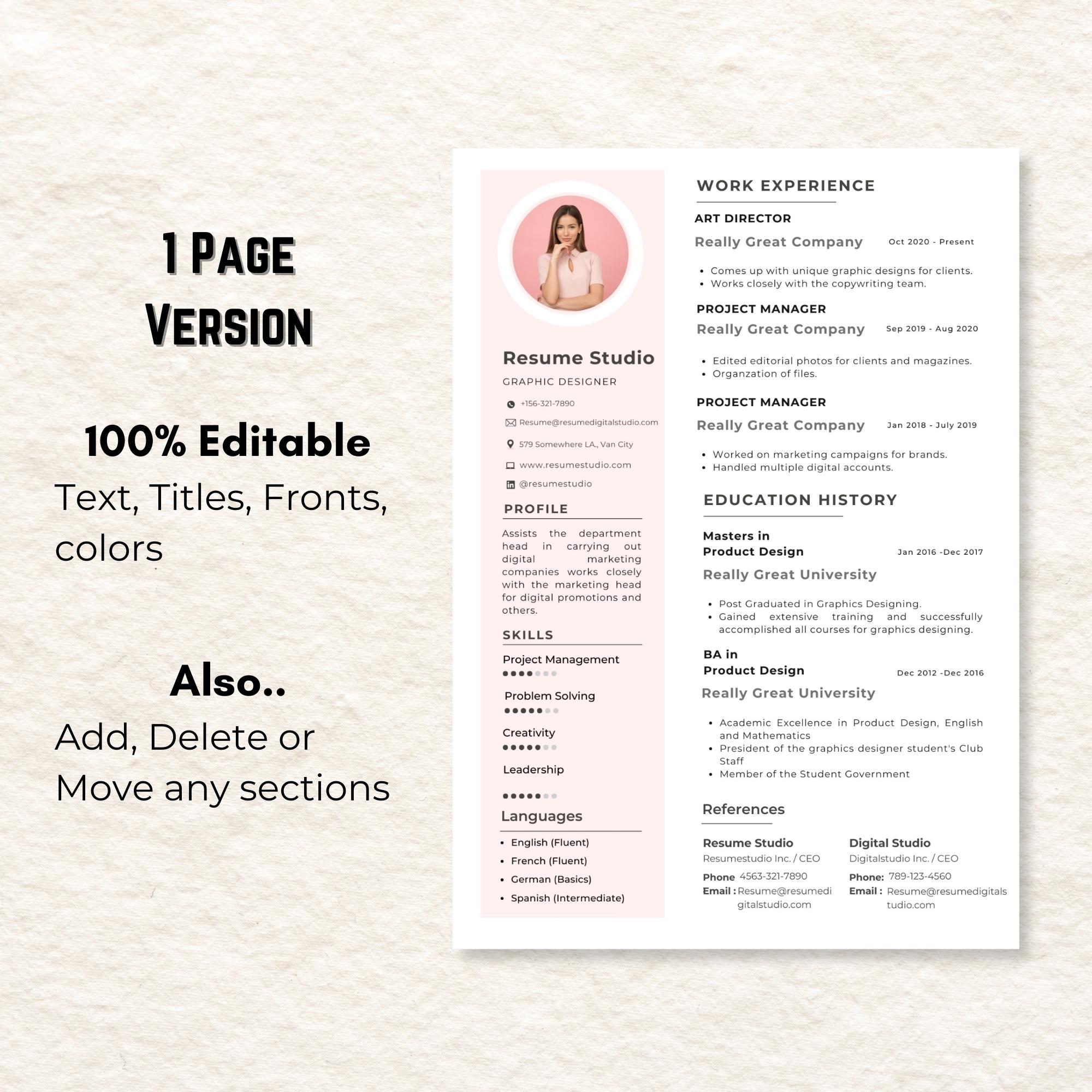 Resume Template With Photo, Professional Resume Template for Canva ...
