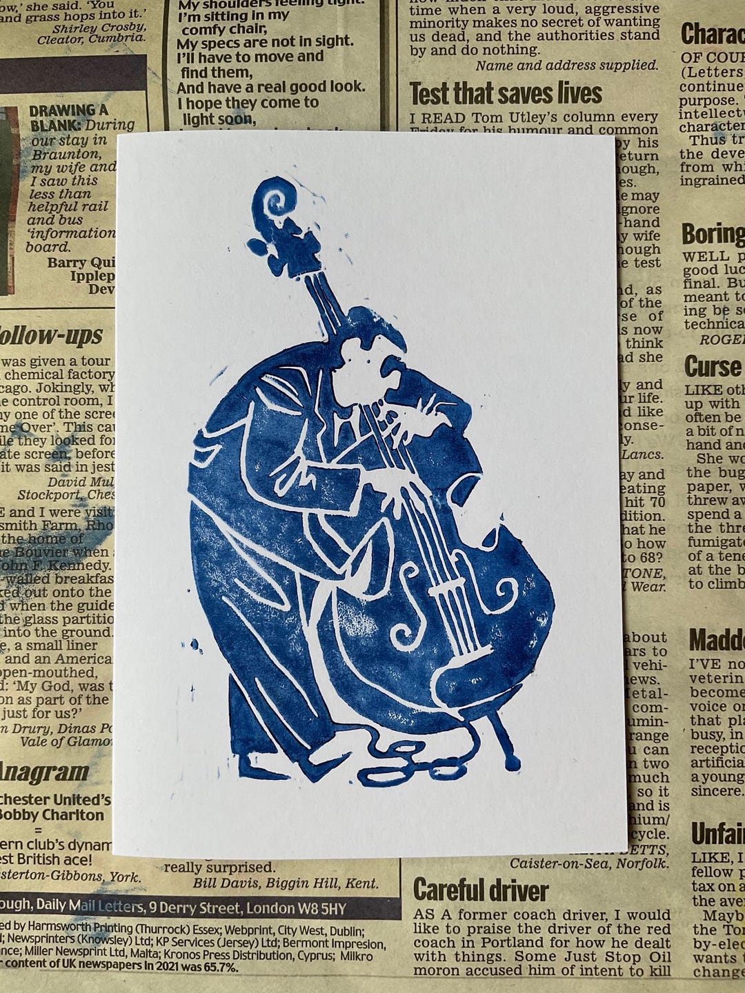 Double Bass | Lino Print | A6 Greetings Card - Etsy