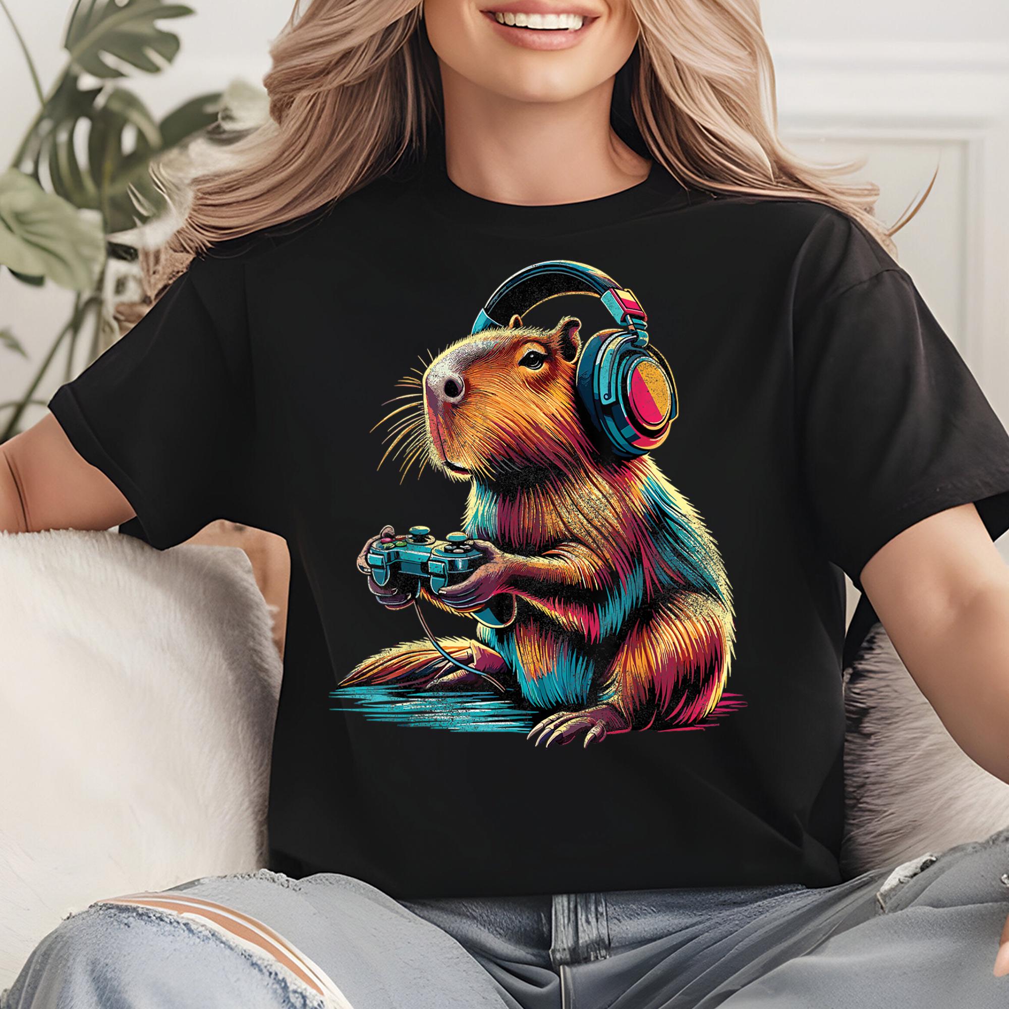 Gaming Capybara T-shirt Design PNG | Neon Capybara Gamer Graphic | Fun ...