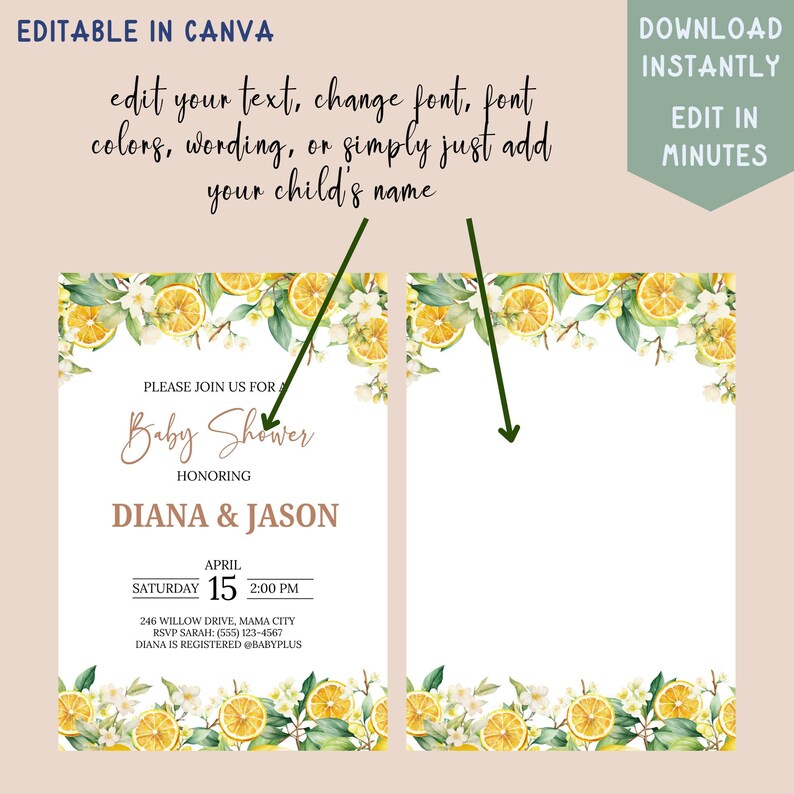Editable Summer Yellow Lemon Theme Citrus Baby Shower Invite Lemon ...