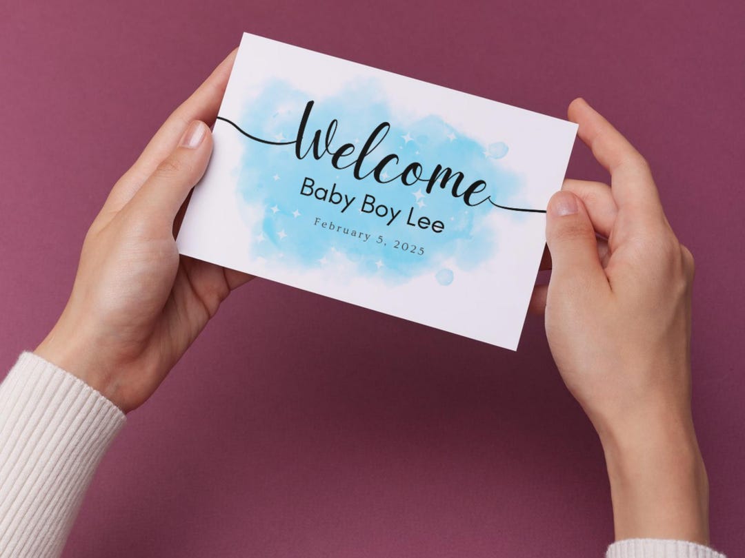 Cute Baby Name Card, Blue Themed Printable Custom Watercolor Name ...