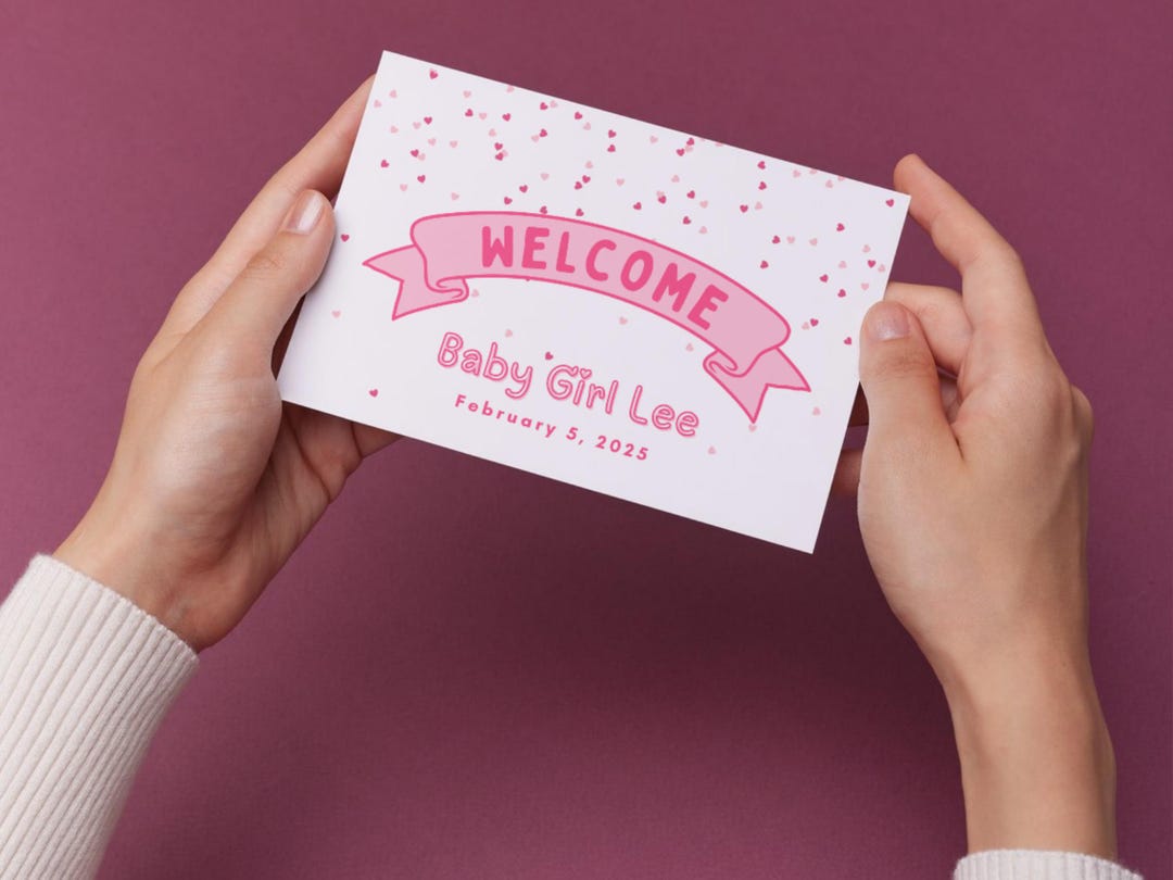 Cute Baby Name Card, Pink Banner Hearts Themed Printable Custom Name ...