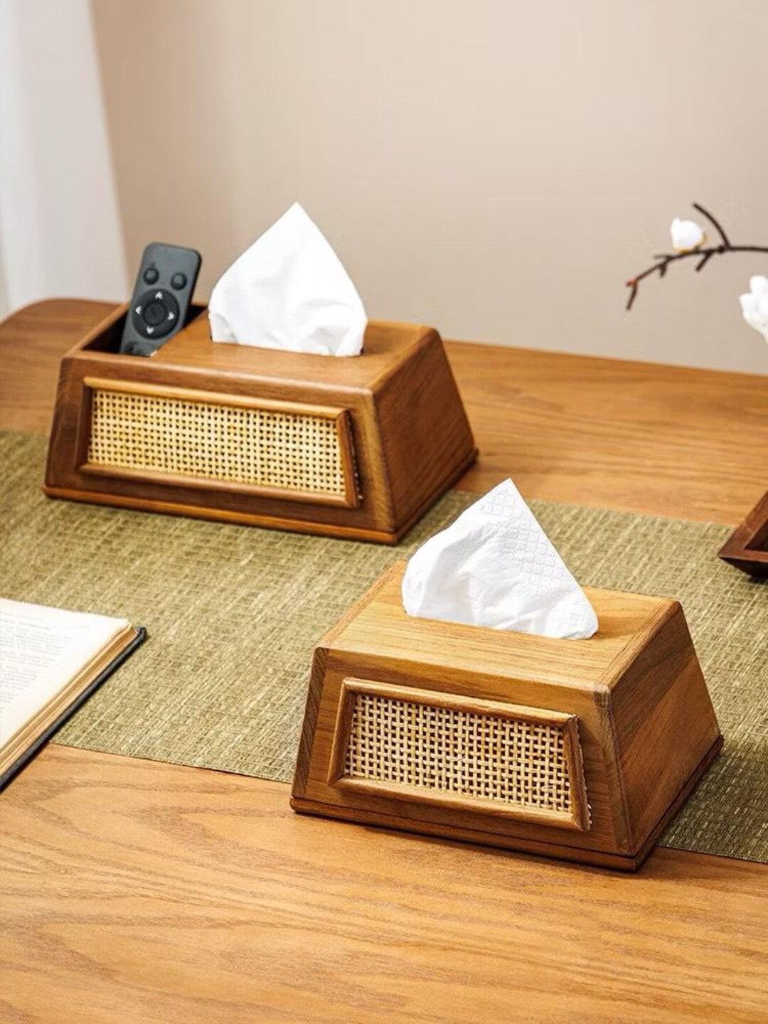 Teak Wood Tissue Box With Rattan Decoration, Handcrafted Wooden Tissue ...
